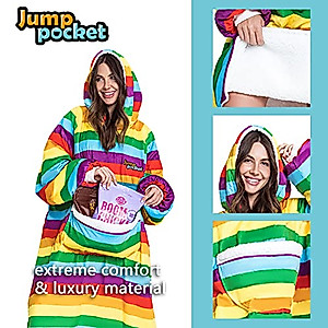 Jump Pocket Blanket Hoodie | Oversized Microfiber & Sherpa Wearable Blankets| Adult & Kids Size (Rainbow)