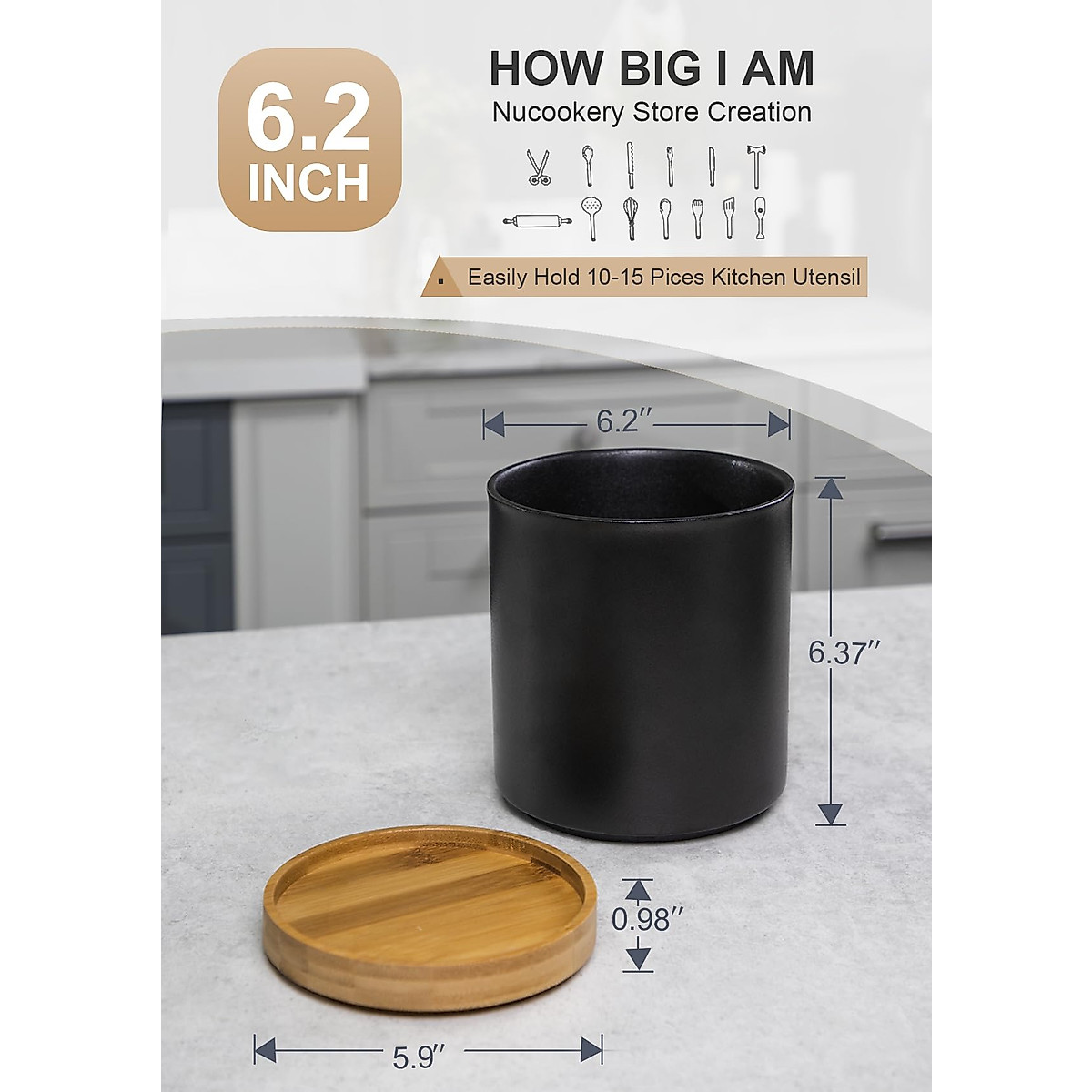 Nucookery 360°Rotating Utensil Holder, 7.2" Kitchen Utensil Crock, Ceramic Cooking Utensil Organizer with Countertop-Protection Cork Bottom for Farmhouse Kitchen Decor Christmas (Stone Black)