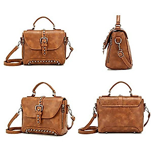 Mn&Sue Women Rivet Studded Crossbody Bag Vintage Top Handle Satchel Motorcycle Style Shoulder Messenger Purse for Lady (#1 Dark Grey)