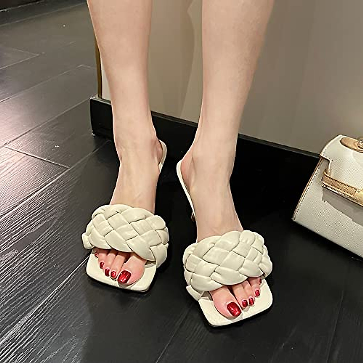 Women’s Square Open Toe Stiletto Heels Braided Sandals Slip On High Heel Quilted Leather Sandals Fashion Sexy Casual Slides shoes(Beige,39)