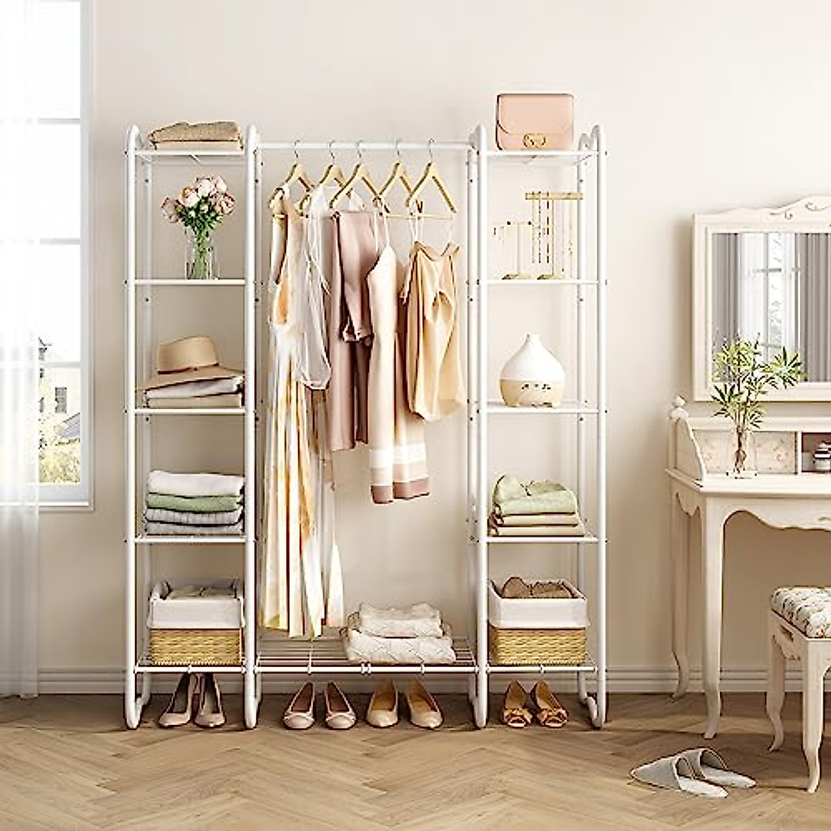 Gewudraw Wardrobe Closet with 8 Metal Shelves, Freestanding Garment Rack, Heavy Duty Clothing Rack For Hanging Clothes, Portable Clothes Rack, Closet Organizer White
