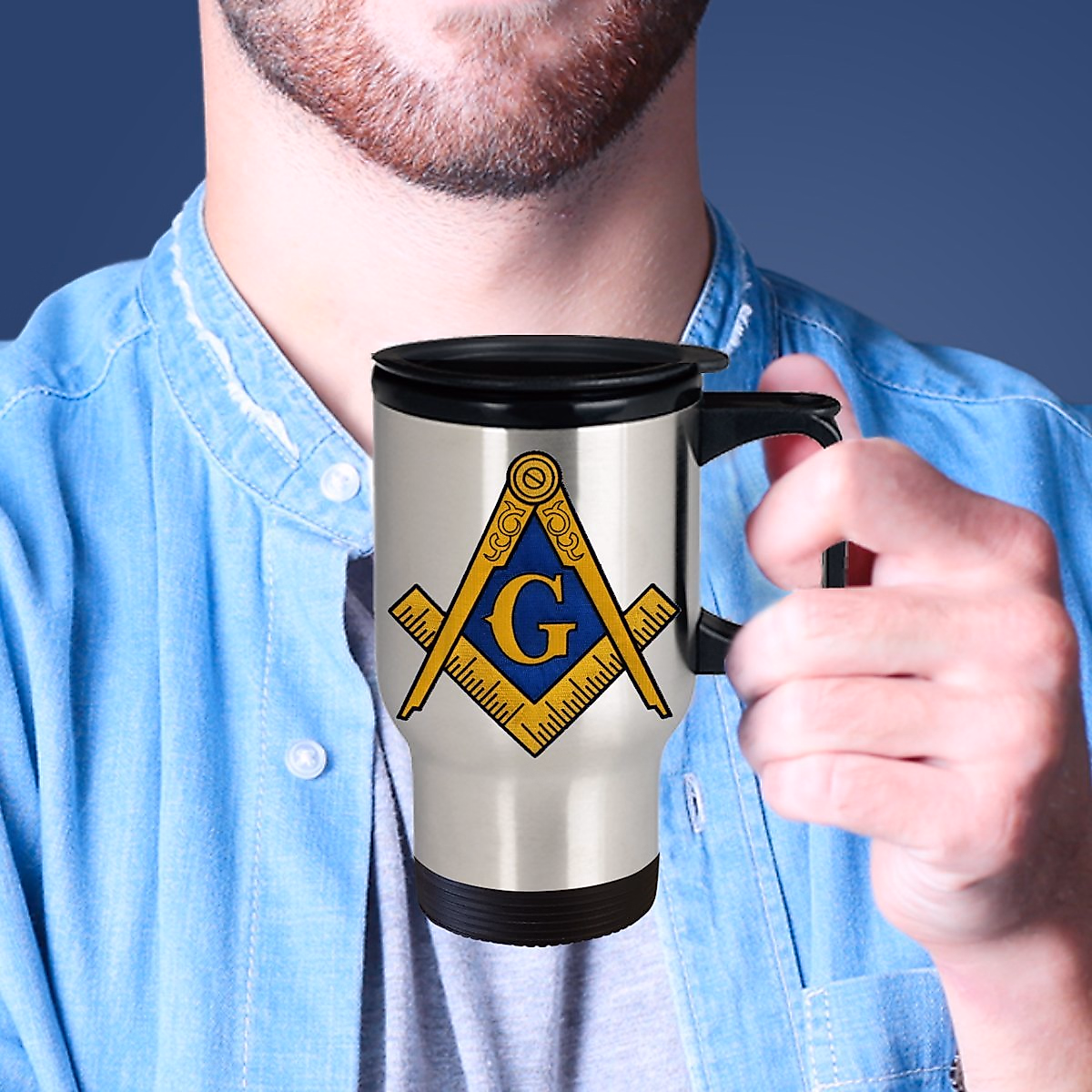 Masonic travel mug - Freemason symbol square and compass - Freemasonry gift accessories perfect for coffee/tea - stainless steel - Sold only by Saroth design