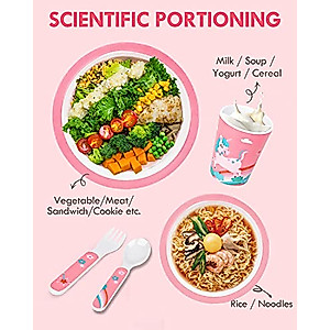 Lehoo Castle Kids Plates and Bowls Sets, 5 Piece Baby Feeding Set - Includes Plate, Bowl, Cup, Fork and Spoon Utensil Flatware, Kids Dinnerware Set for Kids, Toddlers (Unicorn)
