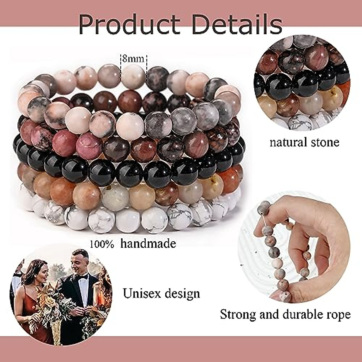 SROBENZ 5PCS Semi-Precious Gemstone Bracelets | Healing Crystal Stone Beaded Bracelets for Women Men 8mm Round Beaded Stretch Bracelets Unisex Stress Relief Yoga Bracelets Gifts(A)