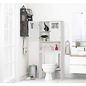 SSLine Over The Toilet Storage Cabinet Organizer,Home Bathroom Space Saver Shelf with Adjustable Shelf and Double Door, Free Standing Toilet Rack for Bathroom,White