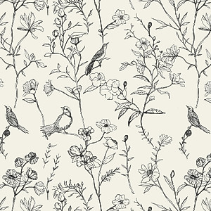 Toduso Peel and Stick Wallpaper Floral Removable Wallpaper Black and Beige Wallpaper Vintage Self Adhesive Decorative Contact Paper Bird Boho Wallpaper Leaf Covering Vinyl Roll 17.3" x78.7"