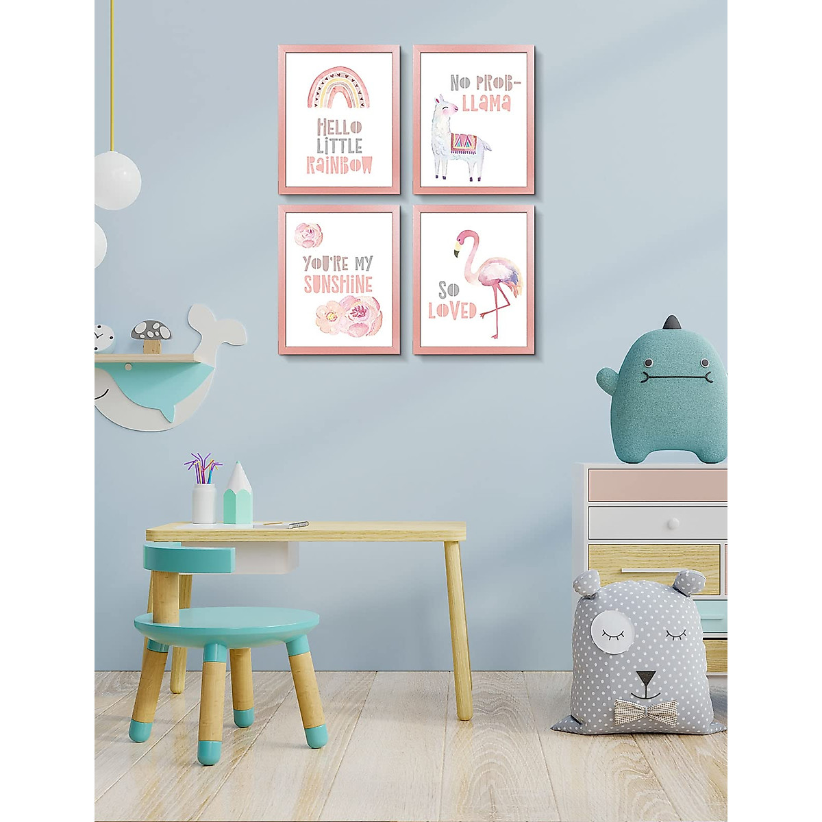 ArtbyHannah 4 Pack 8x10 Inch Framed Baby Nursery Wall Art Decor with Pink and White Decorative Cute Animals Art Prints for Kids Room, Baby Girls Playroom Children Room Bedroom or Home Decoration