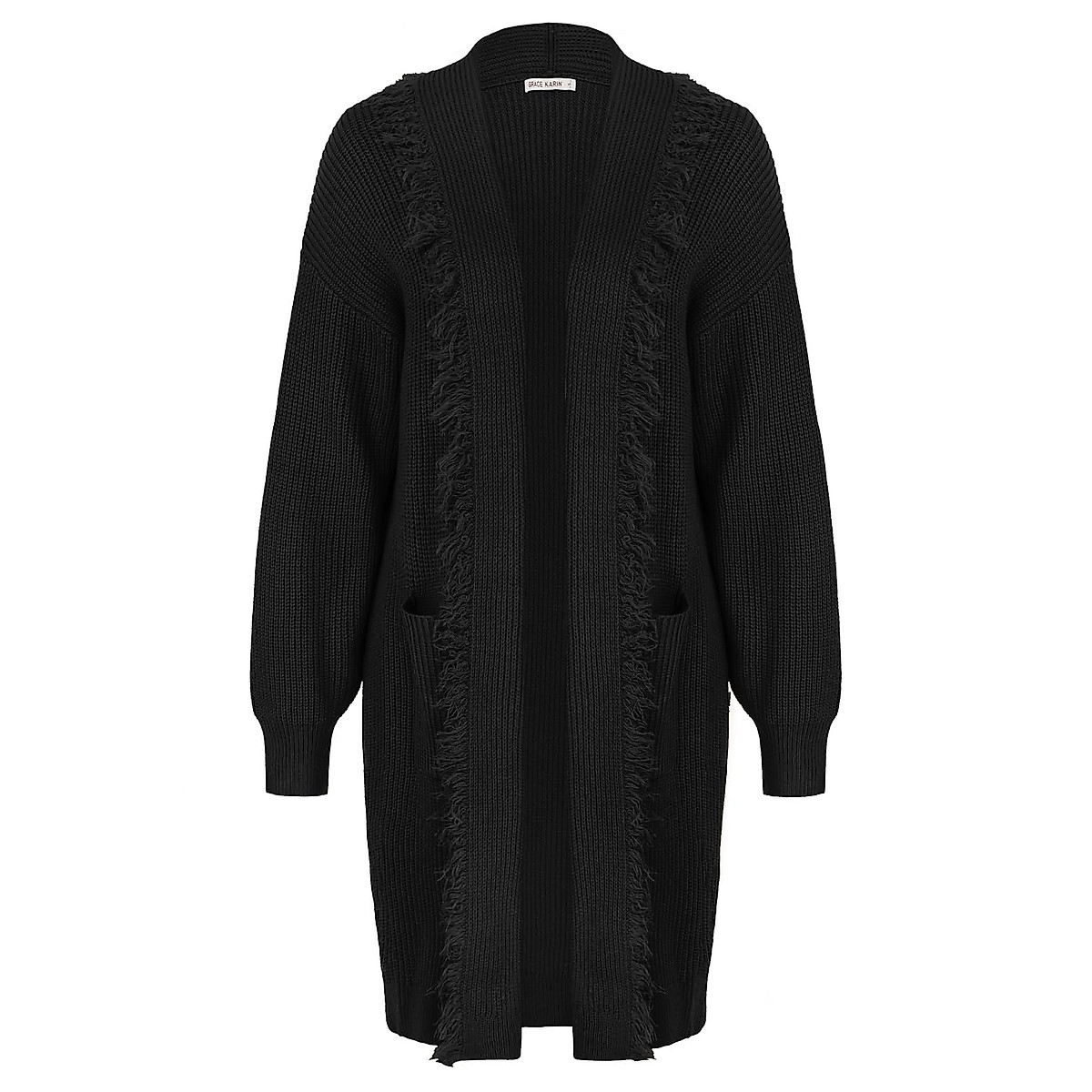 Women's Open Front Knit Cardigans Lapel Long Lantern Sleeve Chunky Knit Sweater Coat Cozy Slouchy Cardigan with Pockets(Black,XL)