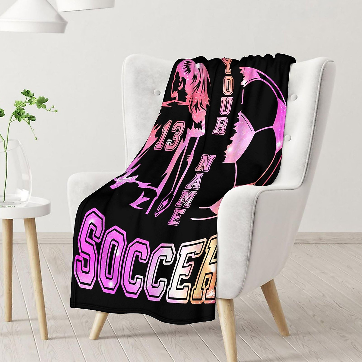 Personalized Soccer Throw Blanket with Name- Soft, Fuzzy & Warm- 50x60 Inches Throw Size Blanket for Couch, Office - Black Cute Throw Gift for Girls, Women