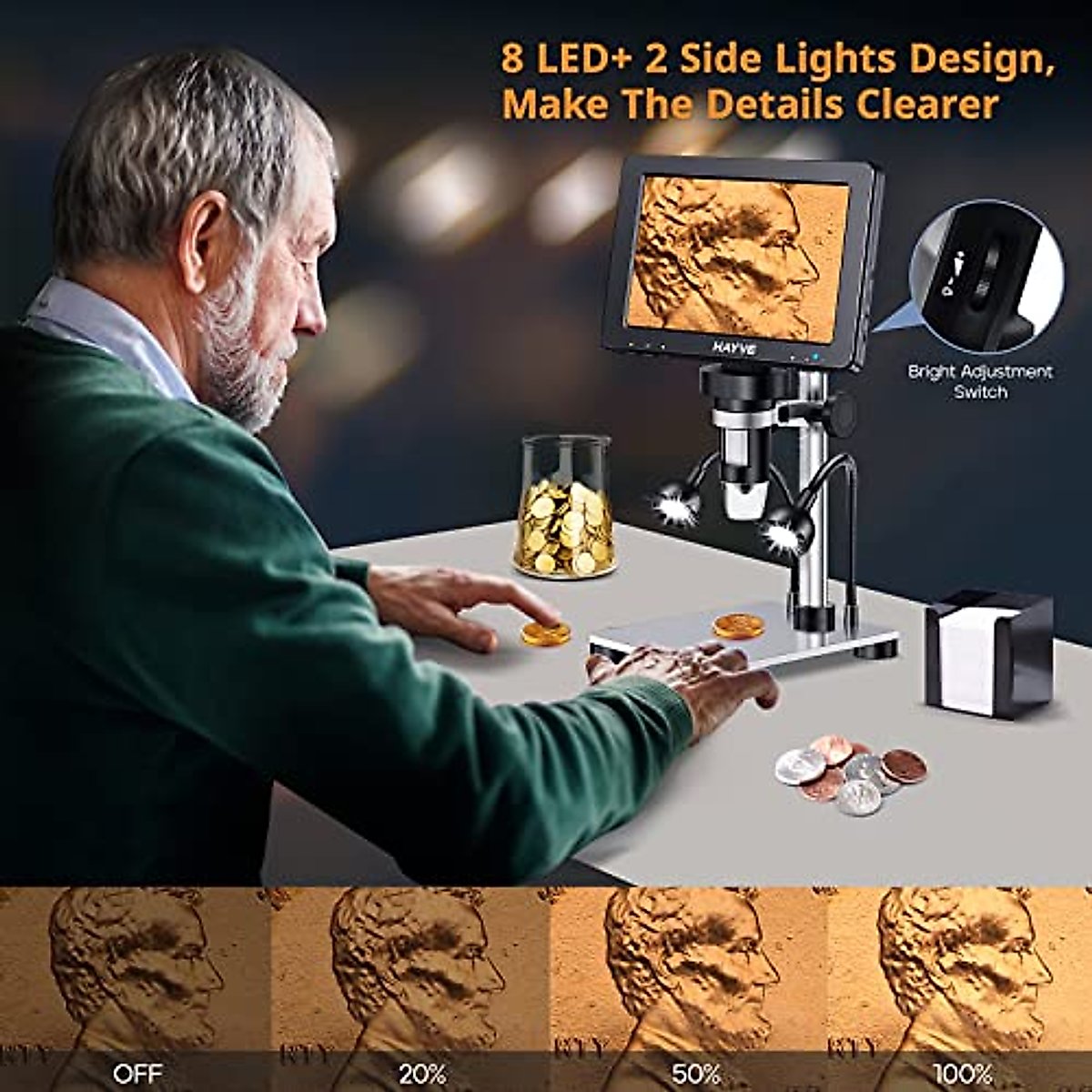 Hayve 7" LCD Digital Microscope, 1200X Magnification for Coin PCB Circuit Repair Soldering, 12MP Camera Sensor Coin Microscope，32GB TF Card，Wired Remote, 10 LED Light, Compatible with Windows/Mac OS