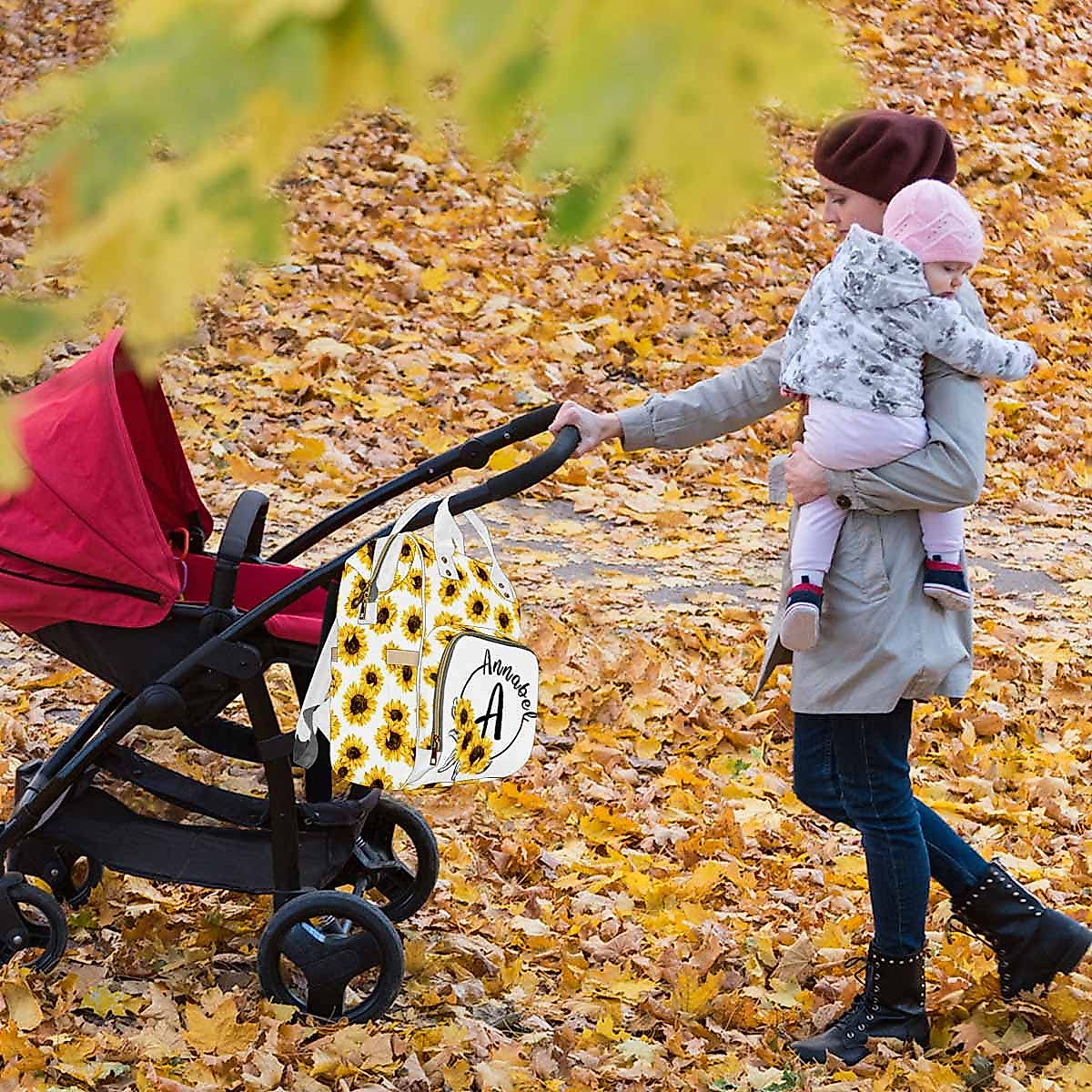 Personalized Name Diaper Bag Backpack for Baby, Custom Sunflower White Baby Bags for Boys & Girls Baby Daycare Bag Monogrammed Baby Shower Gifts