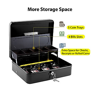WOT I Steel Cash Box with Money Tray with Key Lock, 11.8"L x 9.5"W Cash Lock Box with Tray Cover / 5 Coin Trays / 4 Bill Slots / 2 Keys (Black))