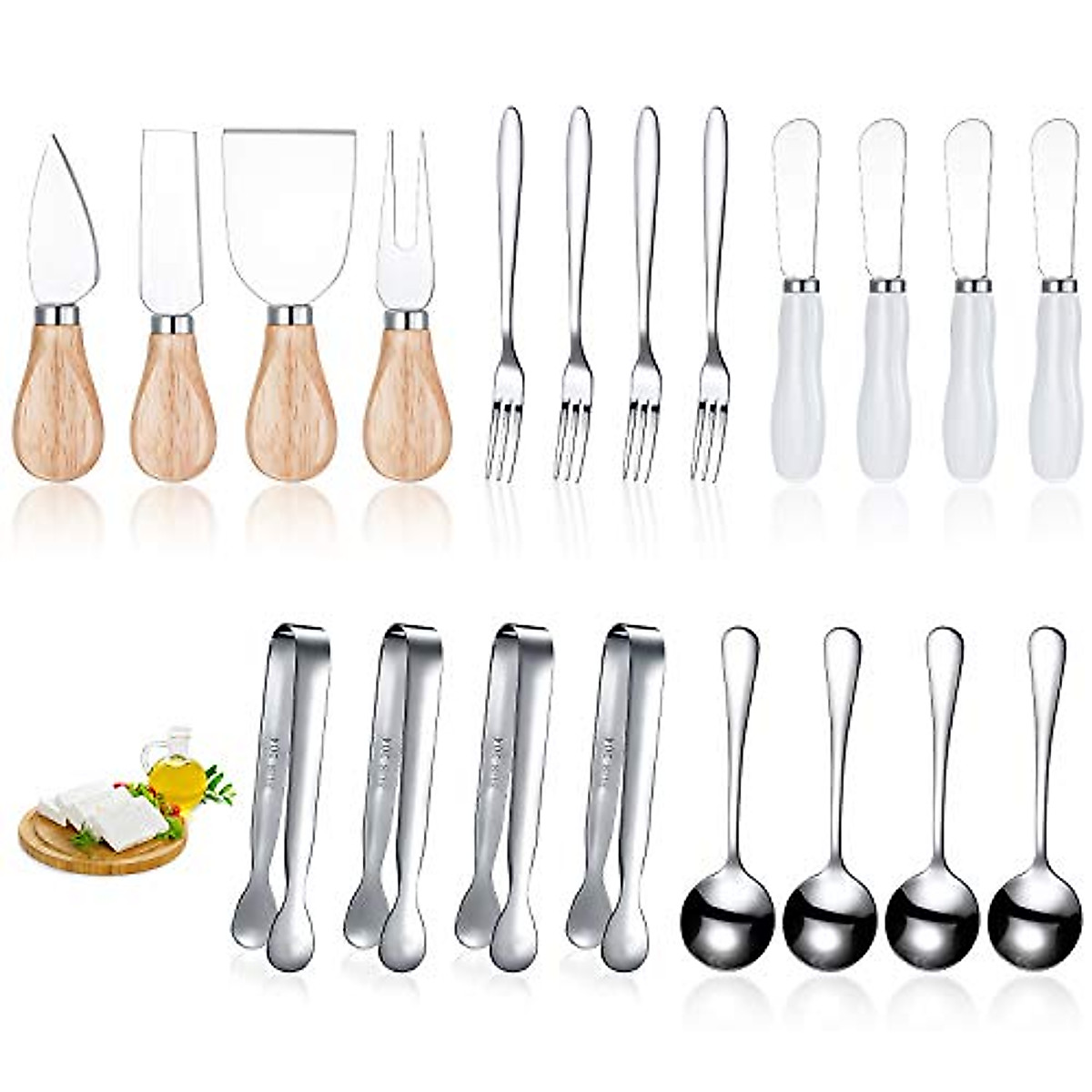 20 Pieces Cheese Butter Knife Set Charcuterie Board Accessories Spreader Slicer Knife Stainless Steel Blade with Porcelain Wooden Handles Mini Serving Tongs Spoons Forks for Christmas (Chic Style)