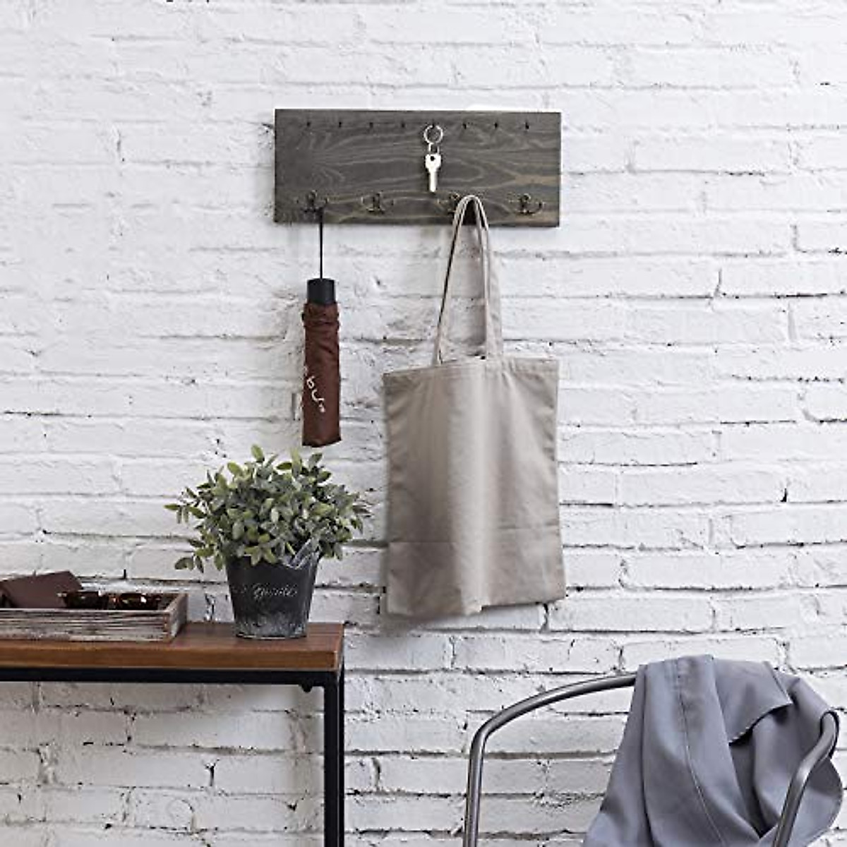 MyGift Wall Mounted Vintage Grey Wood Key Holder Organizer and Coat Rack with 8 Key Hooks and 4 Dual-Hooks