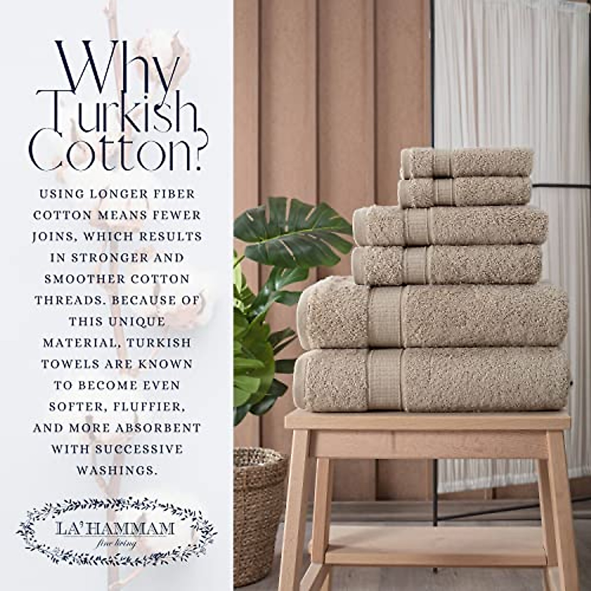 LA HAMMAM 6 Piece Towel Set - 2 Bath Towels, 2 Hand Towels, 2 Washcloths for Bathroom, College Dorm, Kitchen, Shower, Pool, Hotel, Gym & Spa | Soft & Absorbent Turkish Cotton Towel Sets - Beige