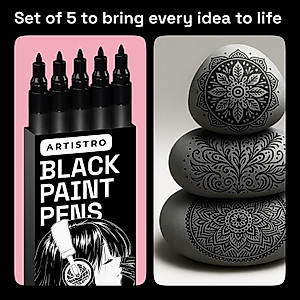 ARTISTRO Black Paint Pens for Rock Painting, Stone, Ceramic, Glass, Wood, Tire, Fabric, Metal, Canvas. Set of 5 Water Based Black Markers for Acrylic Painting Extra Fine Point Tip