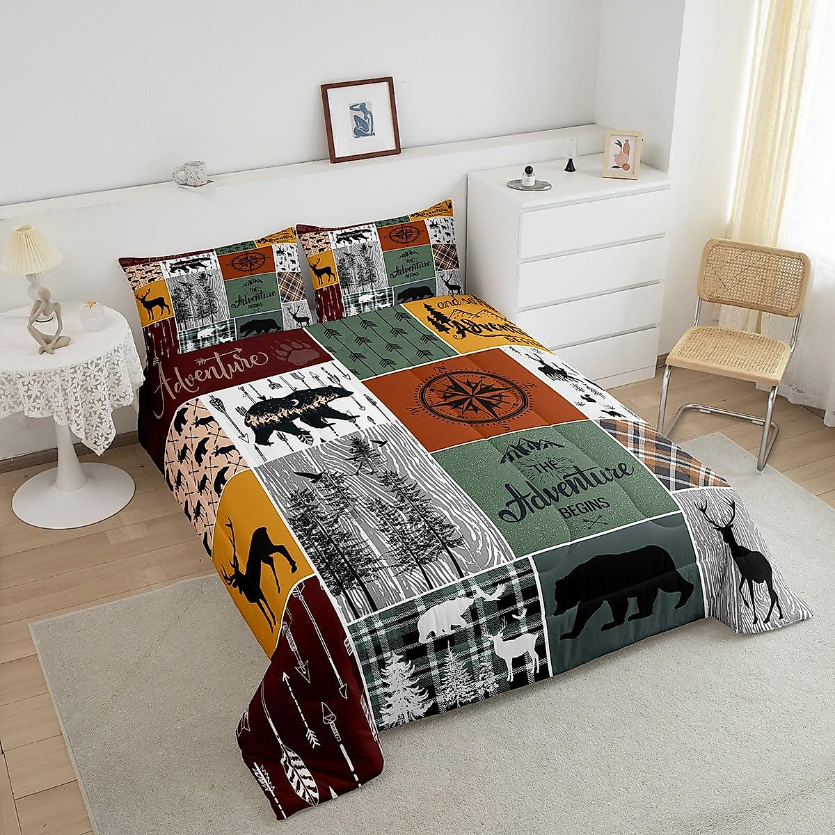 Cabin Retro Rustic Lodge Comforter Set, Bear Deer Country Bedding Twin, Hunting Wild Animal Quilt Plaid Check Adventure Themed Bedding Comforter Sets For Kids Boys Teens Adult Men Bedroom Decor