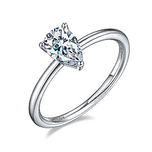 TwoBirch 1 Carat Moissanite Tear Drop Pear Solitaire in Platinum Plated Sterling Silver (CERTIFIED) (Size 6)