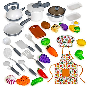 Next Milestones Kids Kitchen Playset - Cooking Toys Kit for Pretend Play - Apron, Chef's Hat, Cookware, Utensils, Pans, Pots & Vegetables Included - Suitable for Children 3 Years & Up - 30-Piece Set