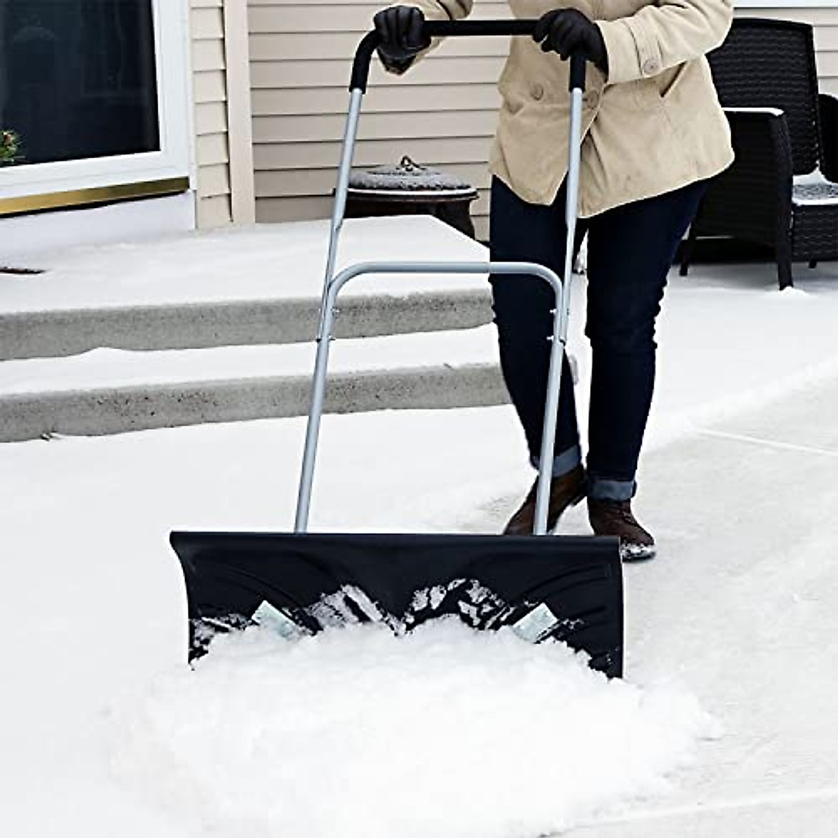 CASL Brands Snow Shovel with Wheels for Driveway - 6-Inch Polypropylene Wheels and Adjustable Aluminum Handle - 26-Inch Blade