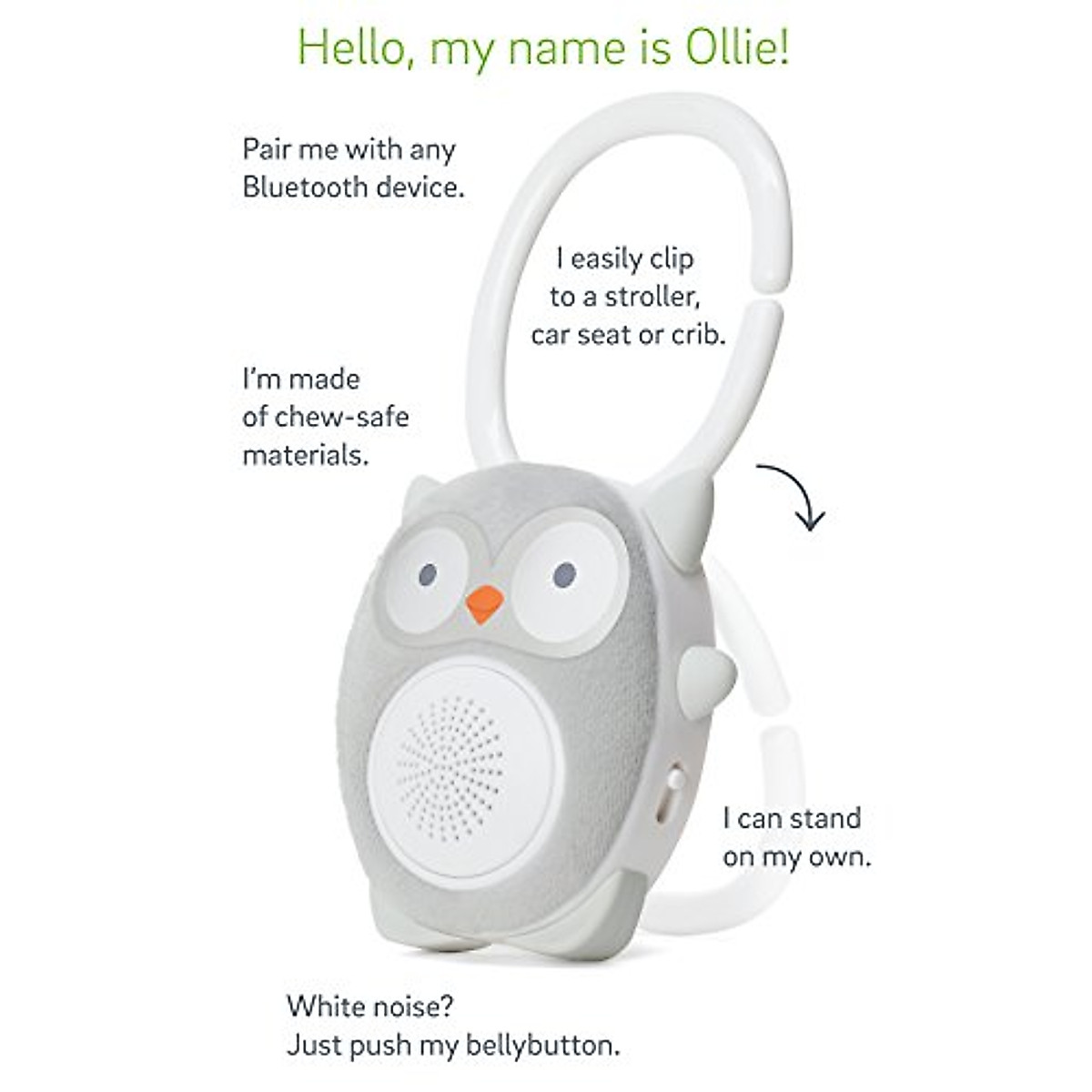 WavHello Portable Baby Sleep Soother - Rechargeable Bluetooth Noise Machine Travel Sound Speaker Great for Cribs, Strollers, Car Seat and More - Ollie The Owl Soundbub, Grey