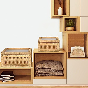 Tatuo Set of 3 Boho Rectangular Rattan Boxes with Glass Lids Woven Basket with Semicircle Napkin Holder Cane and Rattan Display Storage Basket Decorative Boxes for Home Decoration