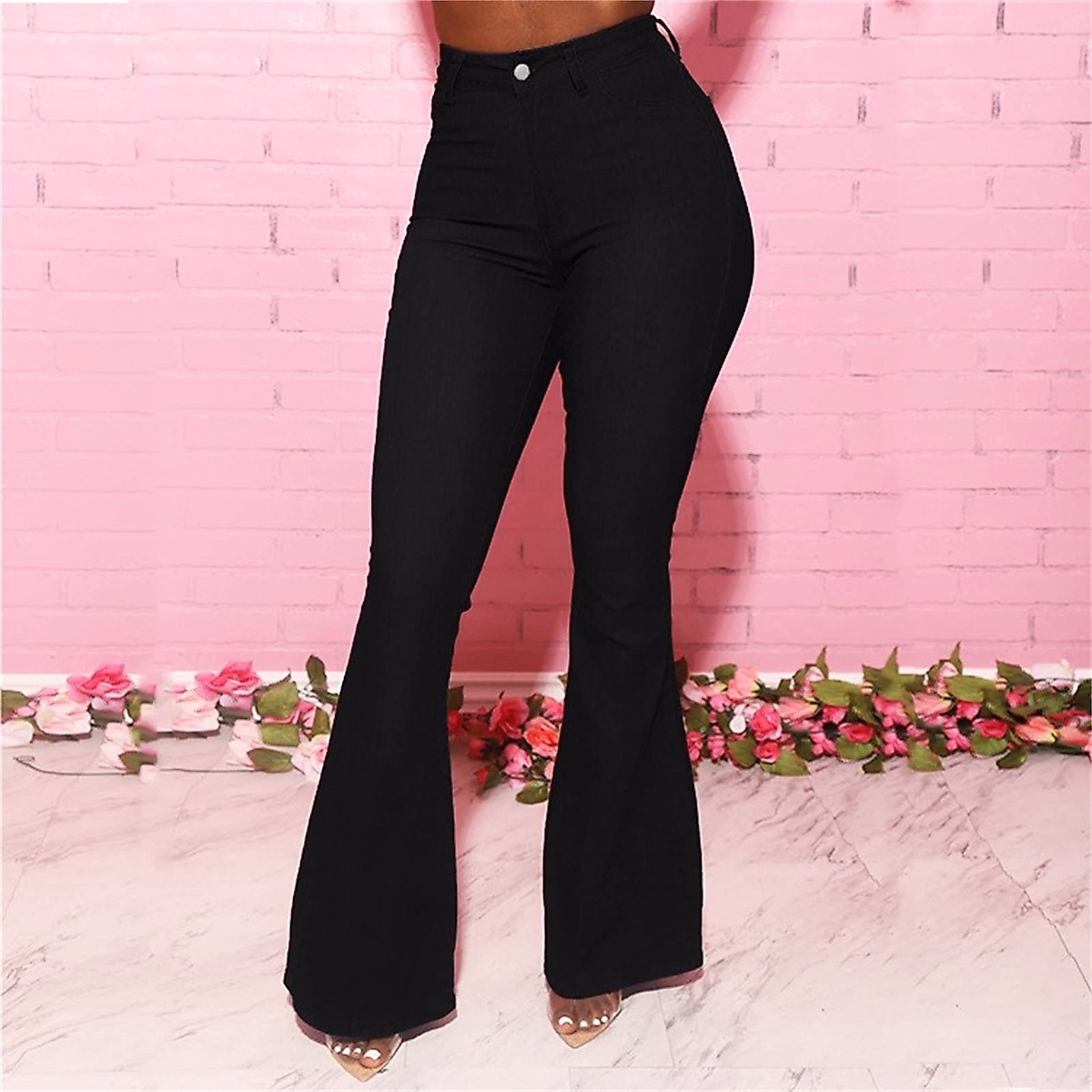 Flare Bell Bottom Jeans for Women High Waisted Stretch Wide Leg Denim Pants Classic Slimming Retro Comfy Jean (Black,Large)
