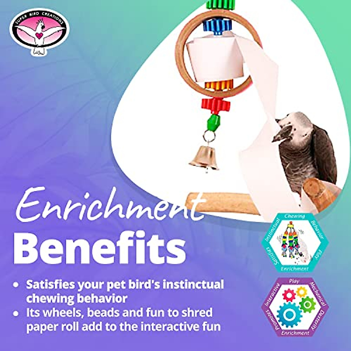 Super Bird Creations SB628 Tape Dispenser Bird Toy, Large Bird SIze, 14" x 5"