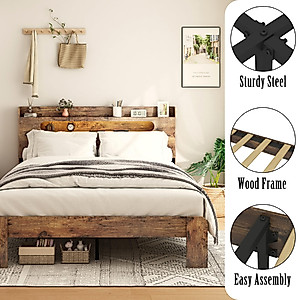 SAMTRA Wooden Queen Size Bed Frame with Storage Headboard, Farmhouse Platform Bedframe with Charging Station & Led Lights, Sturdy Wood Slat Framework, Easy Assembly (Rustic Brown Led)