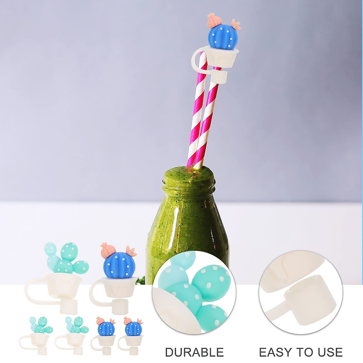 INOOMP 2pc Silicone Straw Cap Cover Reusable Cactus Pattern Drinking Straw Caps Lids Straw Plugs for Straw Tips Suitable for 6-8mm Straws for Home Kitchen Accessories