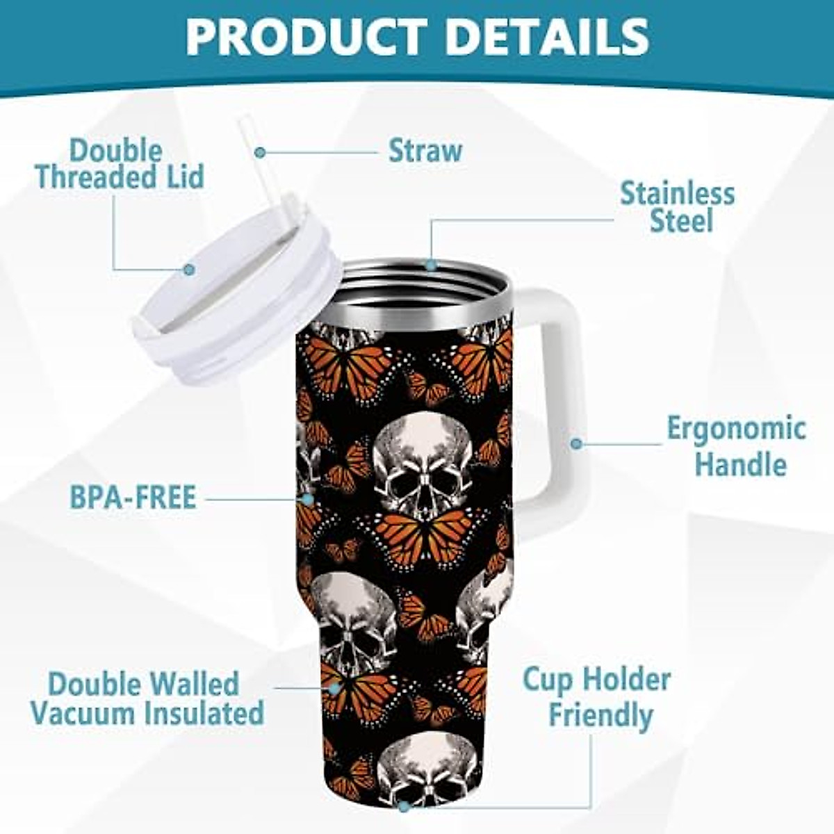 Slewiaeky Tumbler with Handle 40 oz Skull Butterfly Orange Travel Mug with Lid and Straw Stainless Steel Vacuum Insulated Water Bottle Cup for Iced Tea Coffee Cold Beverages Cup Holder Friendly