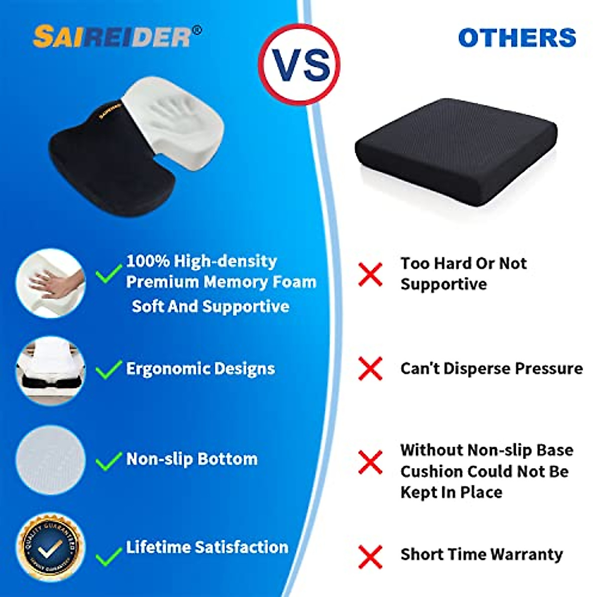 SAIREIDER Office Chair Cushion, Car Seat Cushion, Memory Foam Coccyx Cushion Pads for Tailbone Pain, Sciatica Relief Pillow, Correct Sitting Posture (Black)