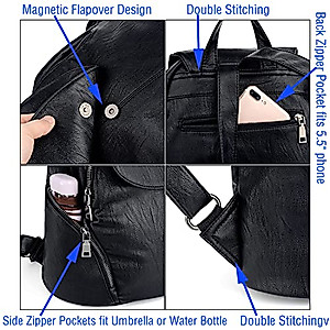 UTO Women Backpack Purse PU Washed Leather Large Capacity Ladies Rucksack Shoulder Bag Black