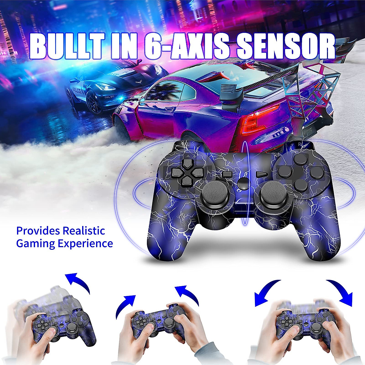 CFORWARD Wireless Controller, Game Controller Compatible for Play3 Controller, Wireless Bluetooth Gamepad with Charger Cable Thumb Grips