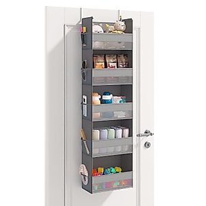 Fixwal Over The Door Hanging Organizer 5 Shelf Bathroom Organizers and Storage with 2 Large Metal Hooks and 12 Pockets for Bedroom, Living Room, Baby Nursery, Bathroom, Kitchen (Grey)