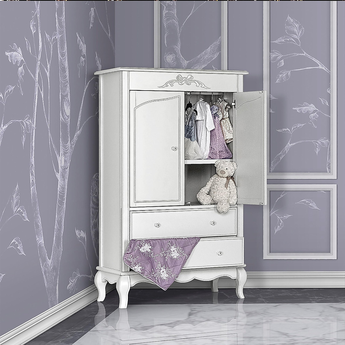 Evolur Aurora Armoire In Frost, Comes Fully assembled, Built Of Kiln-Dried Hardwood, Two Large Shelves, Spacious Storage