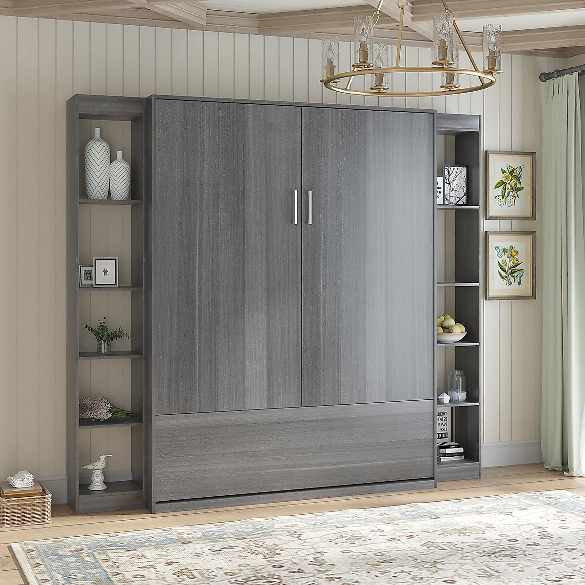 Mjkone Murphy Bed with 2 Side Cabinet, Folding Wall Bed for Bedroom, Fold Up Murphy Bed Cabinet, Queen Murphy Chest Bed Can Be Folded into a Cabinet, Storage Bed (Dark Grey, Style 1)