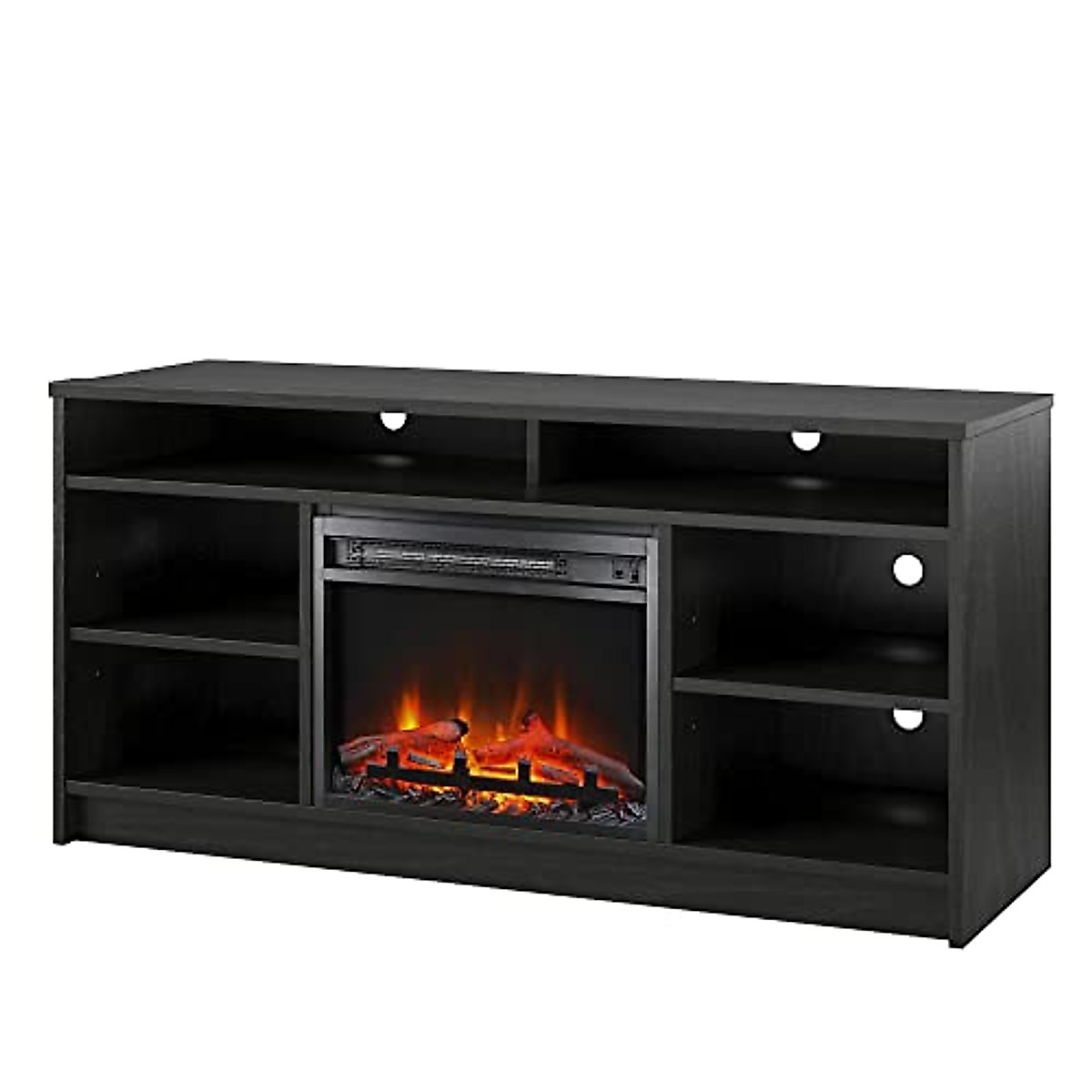 Ameriwood Home Hendrix 55" TV Stand with Electric Fireplace Insert and 6 Shelves, Black Oak, 5.87"D x 47.6"W x 23.27"H