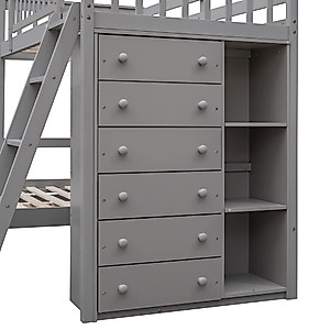 Harper & Bright Designs Twin Over Full Bunk Bed with 6 Storage Drawers and 3 Shelves, Wood Twin Loft Bed with Movable Lower Bed, No Box Spring Needed(Gray, Bottom Bed with Wheels)