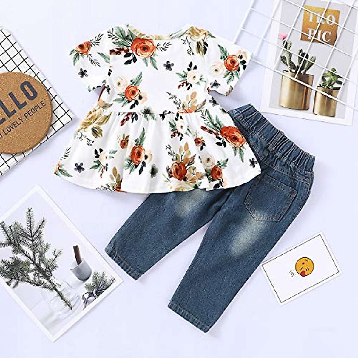 SANMIO Toddler Girl Clothes, Baby Girl Outfits Cute Floral Long Sleeve Ruffle Shirt and Jeans Pants Fall Winter Clothing Set