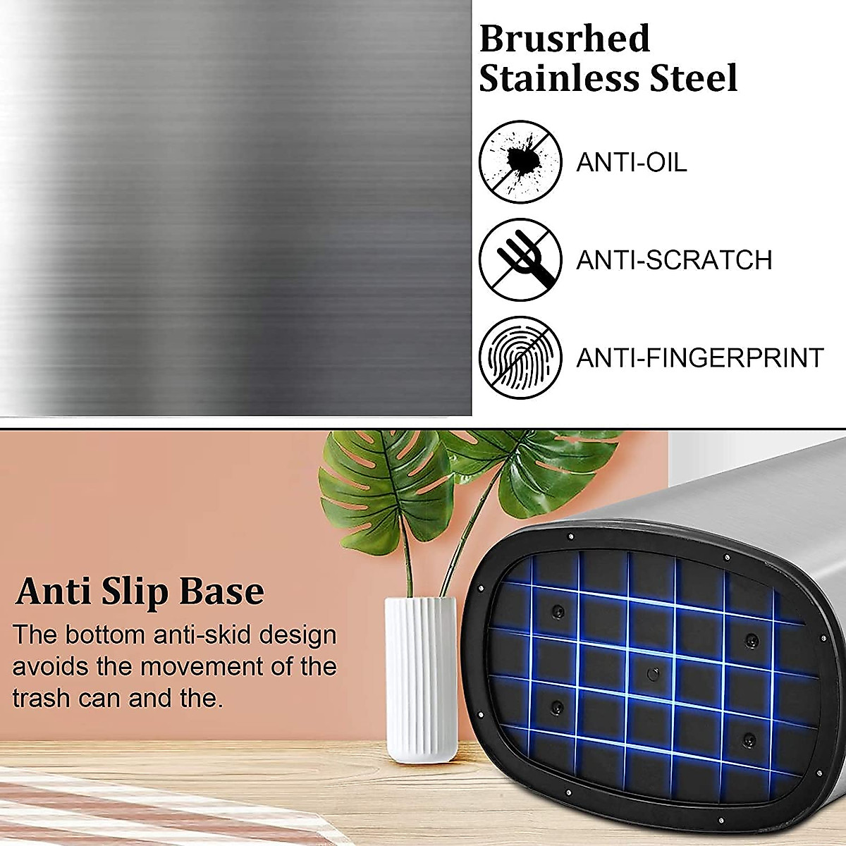 13 Gallon Trash Can Kitchen Garbage Can, Touch-Free Automatic Stainless Steel Trash Can with Lid Oval Shape Garbage Bin 50L High-Capacity Metal Trash Can for Bathroom Bedroom Home Office, Sliver