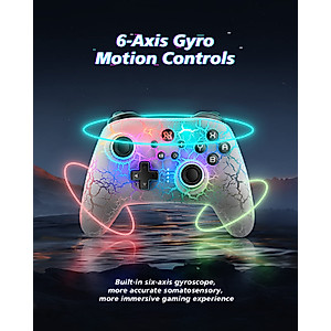 BINBOKPLAY Switch Controller, Wireless Switch Pro Controller for Switch/Switch Lite/Switch OLED, RGB Adjustable LED Wireless Remote Gamepad with Unique Crack/Motion control/Turbo/ALPS Joystick (White)