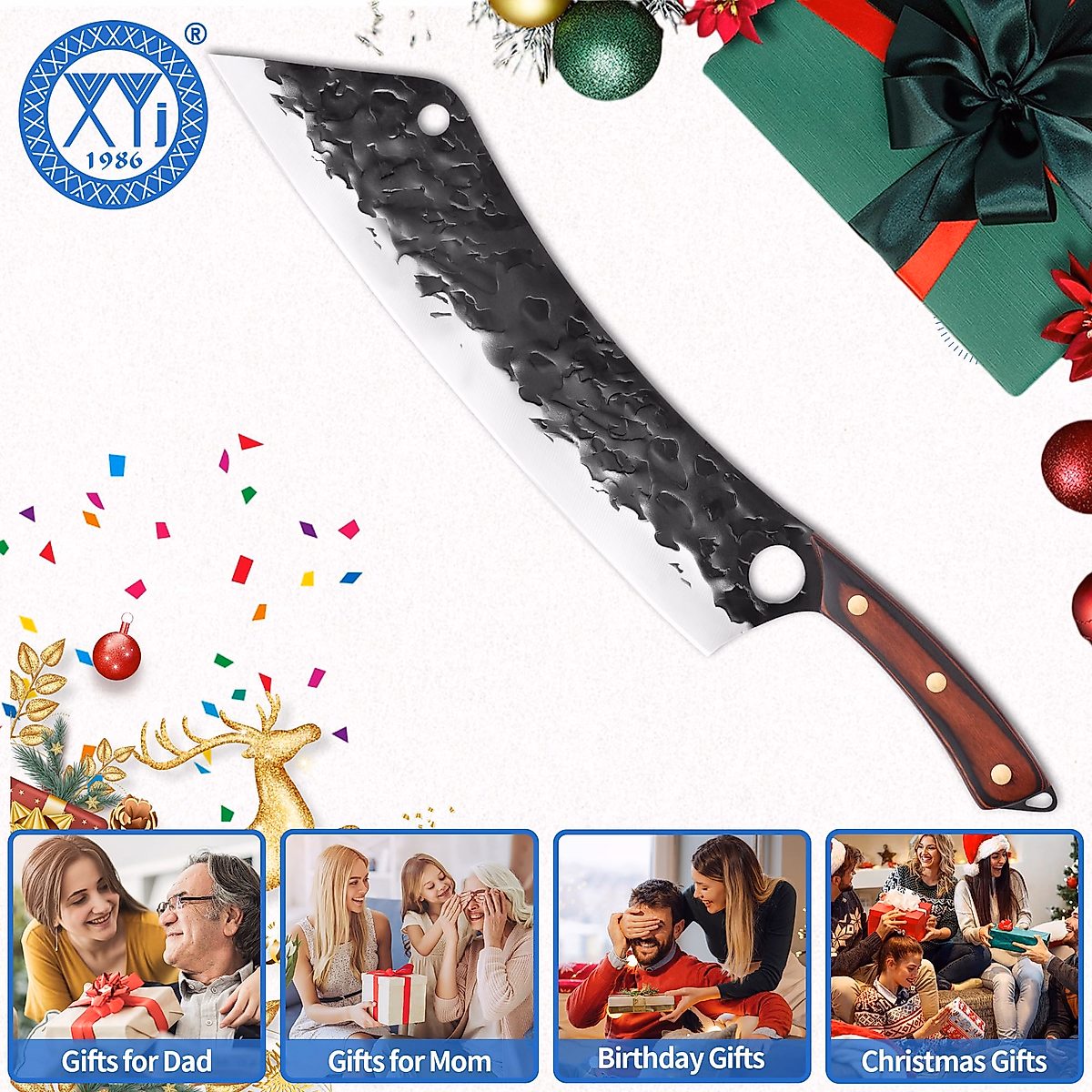 XYJ 12 Inch Long BBQ Knife Set Full Tang Brisket Turkey Meat Chopping Slicing Knife Razor Sharp Stainless Steel Blade Non-stick Effort Saving Finger Control Chef Knives With Whetstone
