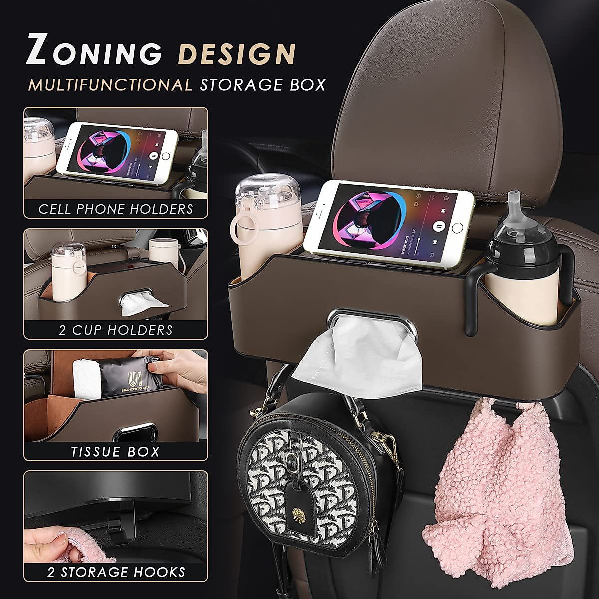 Back of Car Seat Organizer, Trunk Organizer for Car with 2 Drink Cup Holder, Cell Phone Holders, Hooks and Tissue Box, Vehicle Multifunctional Storage Box for Kids and Adults Travel (Brown)