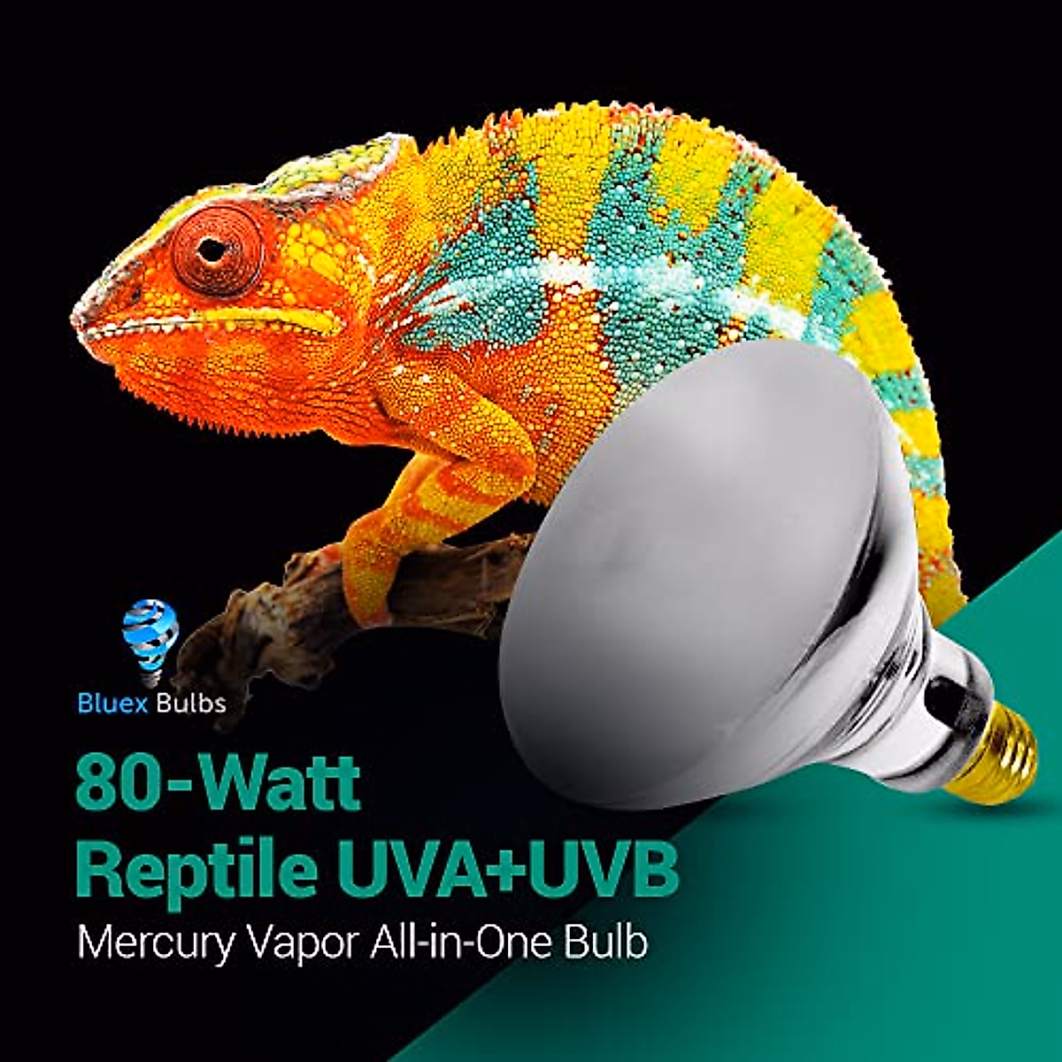 BlueX 80-Watt Reptile UVA UVB Sun Lamp - All-in-One Bulb Self-Ballasted Mercury Vapor Basking Light Heat Lamp Bulbs - Replicates Natural Sunlight Beneficial to Reptiles Amphibians Lizards Tortoises