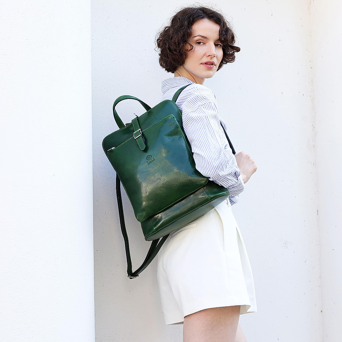 Time Resistance Leather Backpack - Convertible to Shoulder Bag - Full Grain Real Leather Travel Rucksack for Women (Green)