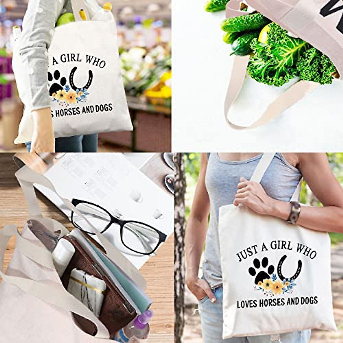 CMNIM Dog Horse Lovers Gifts Just a Girl Who Loves Horses and Dogs Tote Bag Dog and Horse Gifts For Dog Mom Owner Horse Tote Bag (Horses and Dogs Tote beige)