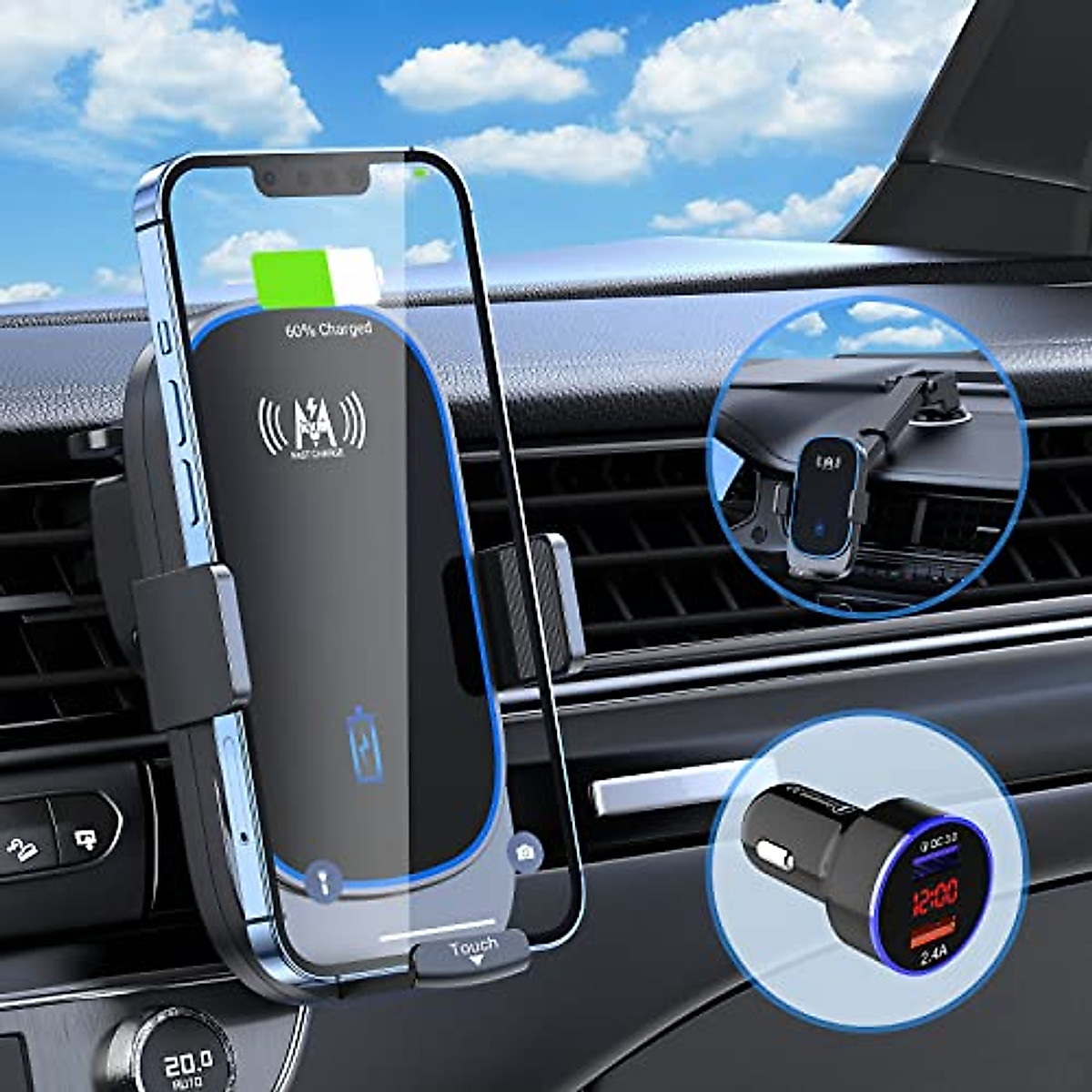 KKM Wireless Car Charger, 15W Qi Fast Charging Auto-Clamping Wireless Car Charger Mount, Air Vent Dashboard Car Phone Holder Compatible with iPhone 14 Pro/14 Pro Max/14/14 Plus/13/12/11/X/XS Max