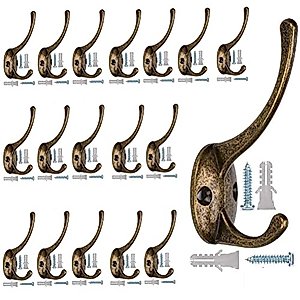 ZHHGTTUY Dual Wall Hooks Coat Hooks Heavy Duty Made of Strong Metal Cloth Hook (18Pcs,Antique Brass)