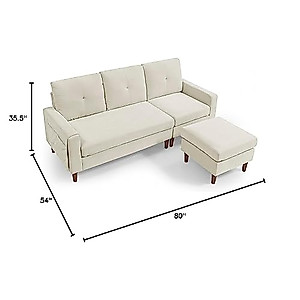 MOEO 3 Seat Sofa with Removable Ottoman and Cushions, L-Shape Chenille Convertible Couch w/Pocket & Rubber Wood Legs, Perfect for Living Room, Aapartment, Small Space, 80", Beige
